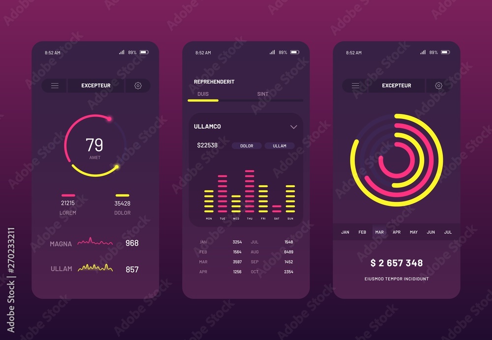 Mobile app user interface screen design. Vector set of modern UI, UX ...
