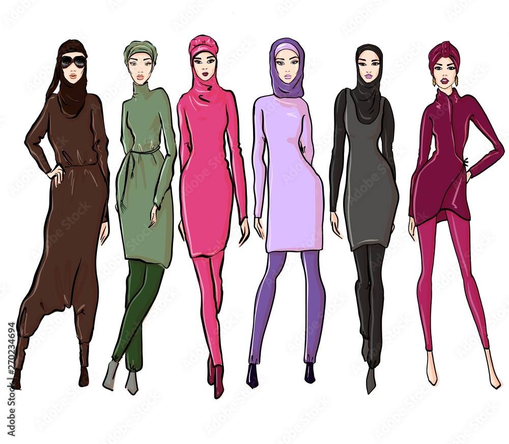 beautiful arab girls in burkini. Hand drawn illustration of young ...