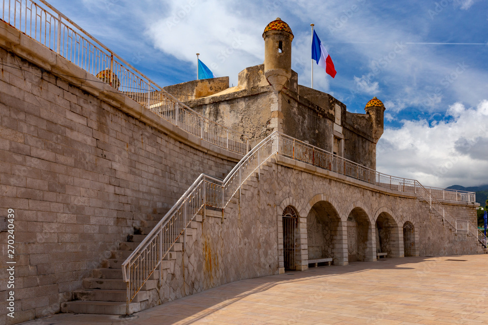 Menton. Old bastion fort with a fortress wall on the seashore. Stock ...