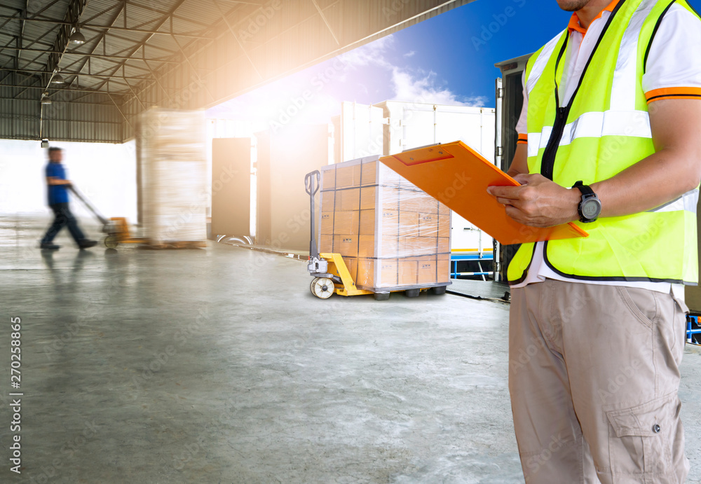 Worker holding Clipboard Loading Control Trailer truck. Cargo Trailer ...