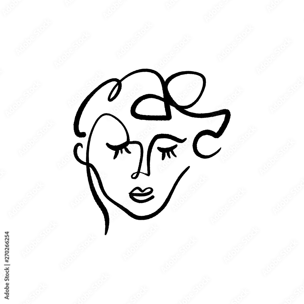 Simple hand drawn black and white trendy line drawing face. Abstraction ...