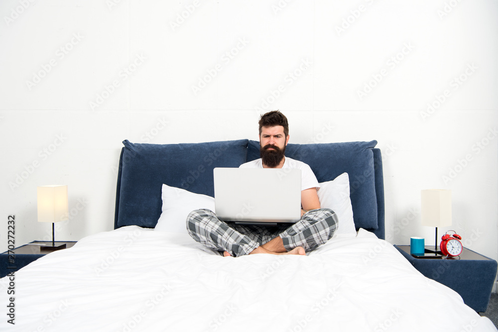Work that makes him sleepy. bearded man hipster work on laptop. brutal ...