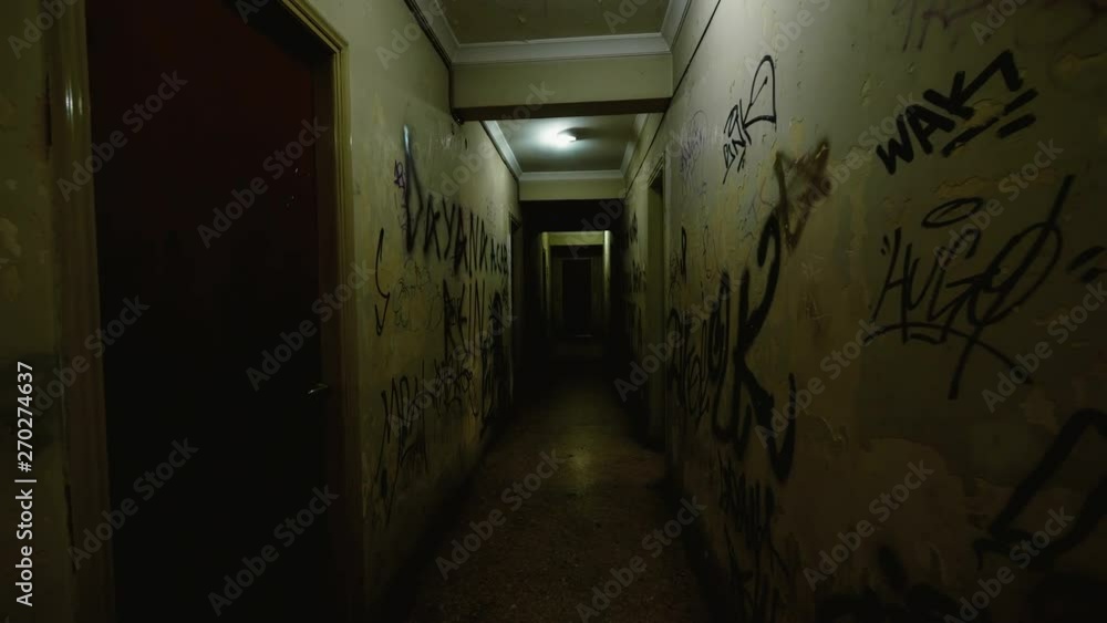 Old Apartment,Ghetto Building,long Dark Hallway.Tracking inside a dark ...