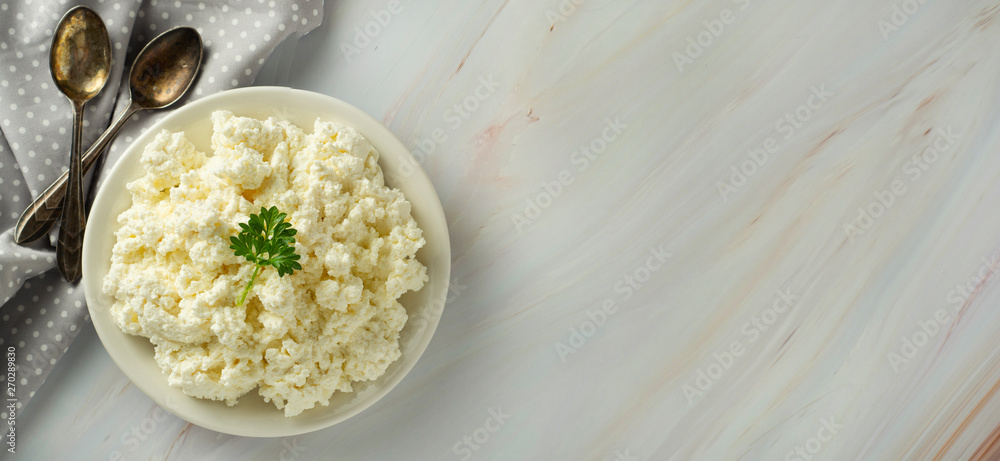 Cottage cheese banner, isoalted on light, marble background. Dairy ...