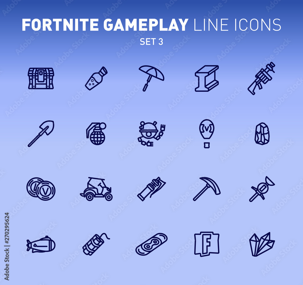 Fortnite epic game play outline icons. Vector illustration of combat ...