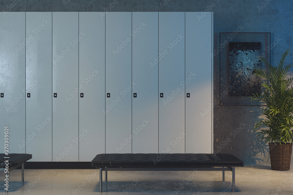 White Lockers in locker room in gym. 3d rendering. one safe box is ...