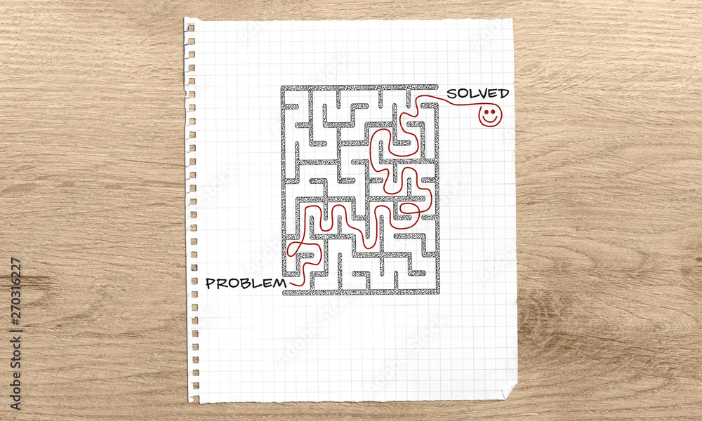 Problem Solving maze, Problem Solved text, maze solution hand drawn on ...