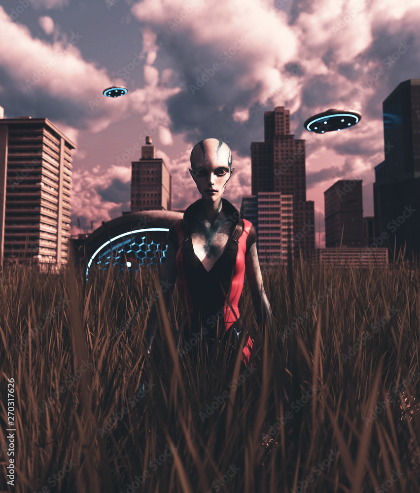 Alien girl visiting an abandoned city after the world is destroyed by ...