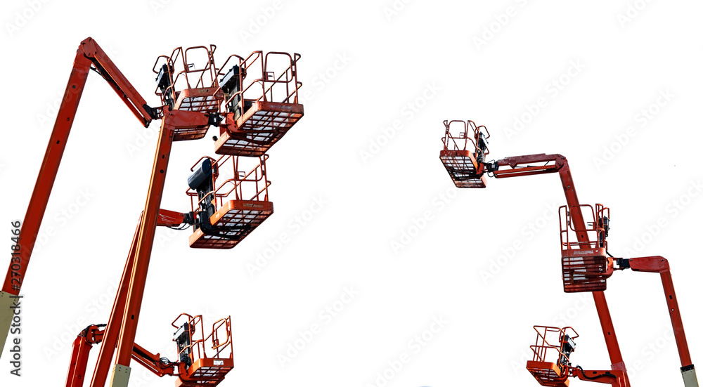 Orange articulated boom lift. Aerial platform lift. Telescopic boom ...