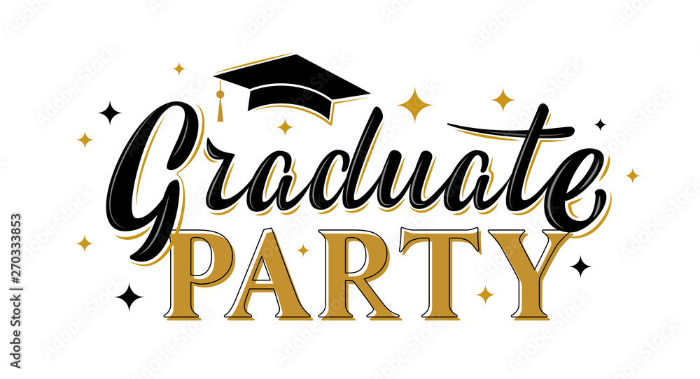 Vetor de Graduate party greeting sign with stars. Graduation label ...
