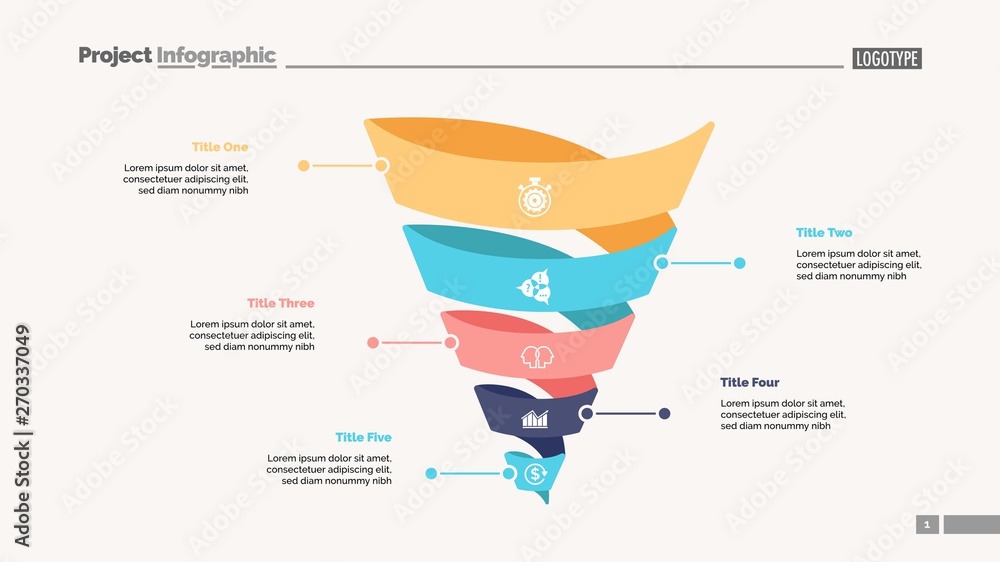 Five spiral turns process chart slide template. Business data. Step ...