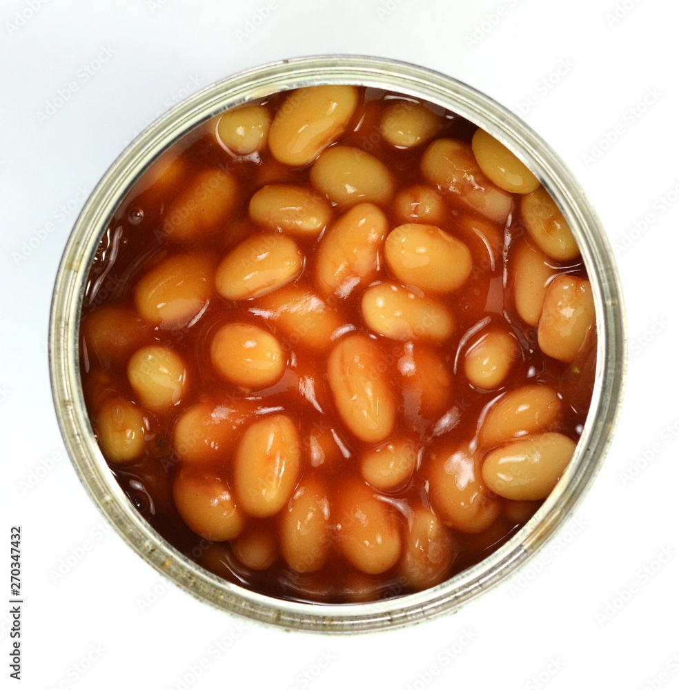 Tinnes beans top view on white. Open can of beans on a white background ...