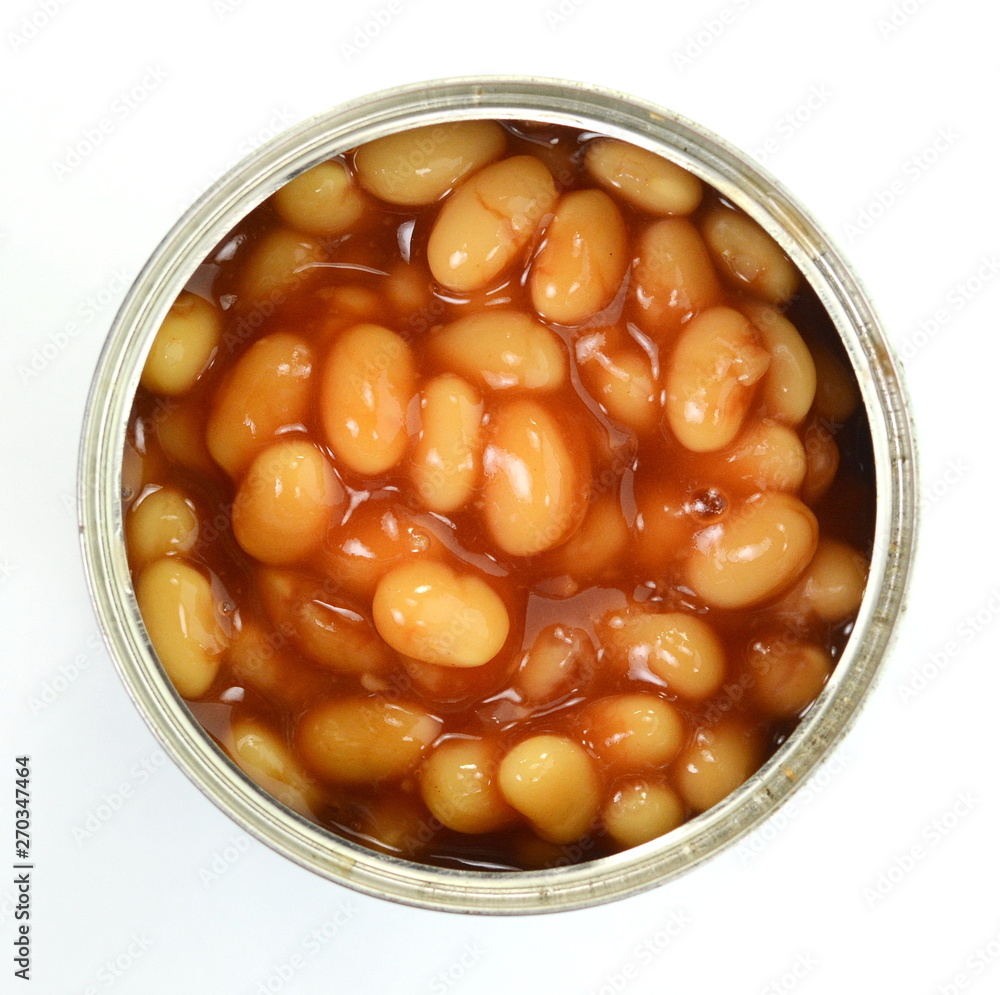 Tinnes beans top view on white. Open can of beans on a white background ...