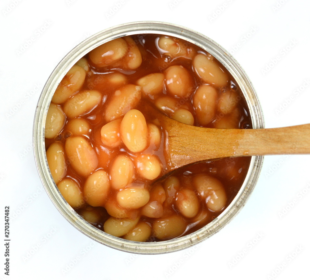 Tinnes beans top view on white. Open can of beans on a white background ...