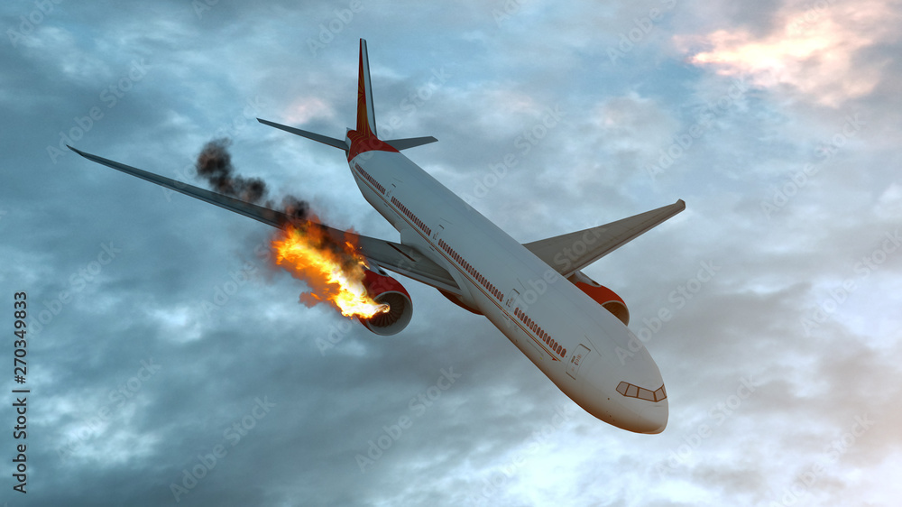 Burning white aircraft in the sky before crashing down. 3D illustration ...