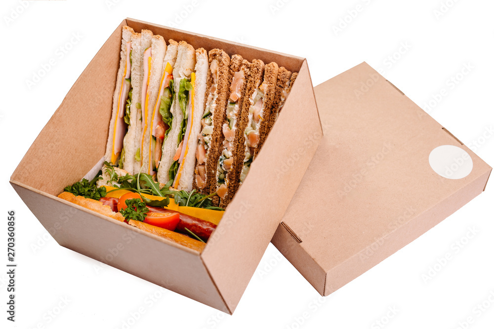 Collection of take away kraft boxes with different food. Set of ...