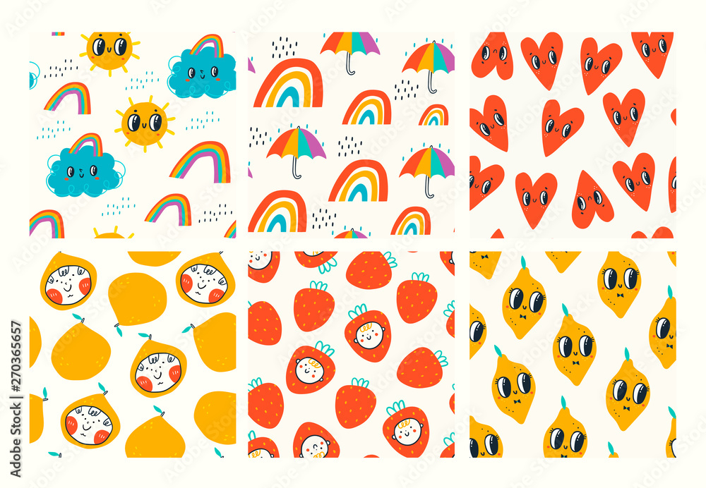 Big set of six hand drawn vector seamless pattern. Colored trendy ...