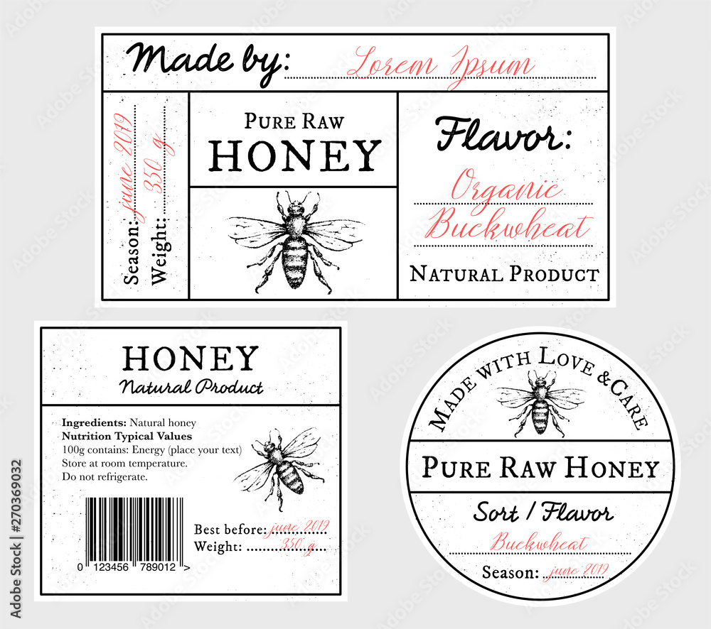 Set of vector card templates with honey bee - lid, front and back ...