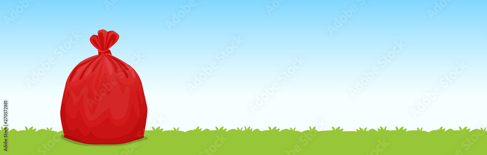 bag red plastic garbage on the grass blue sky background, garbage bags ...