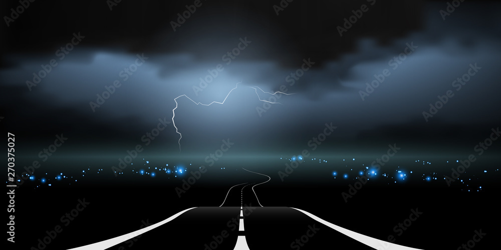 night road vector landscape with city lights in the distance Stock ...