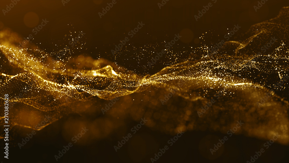 Abstract gold color digital particles wave with bokeh and light ...