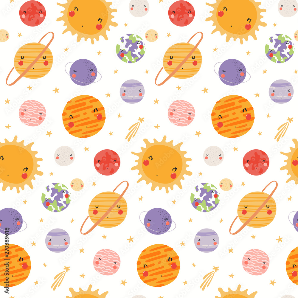 Hand drawn seamless vector pattern with cute Solar system planets ...