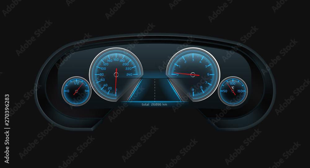 Car digital dashboard screen with glowing blue speedometer, tachometer ...