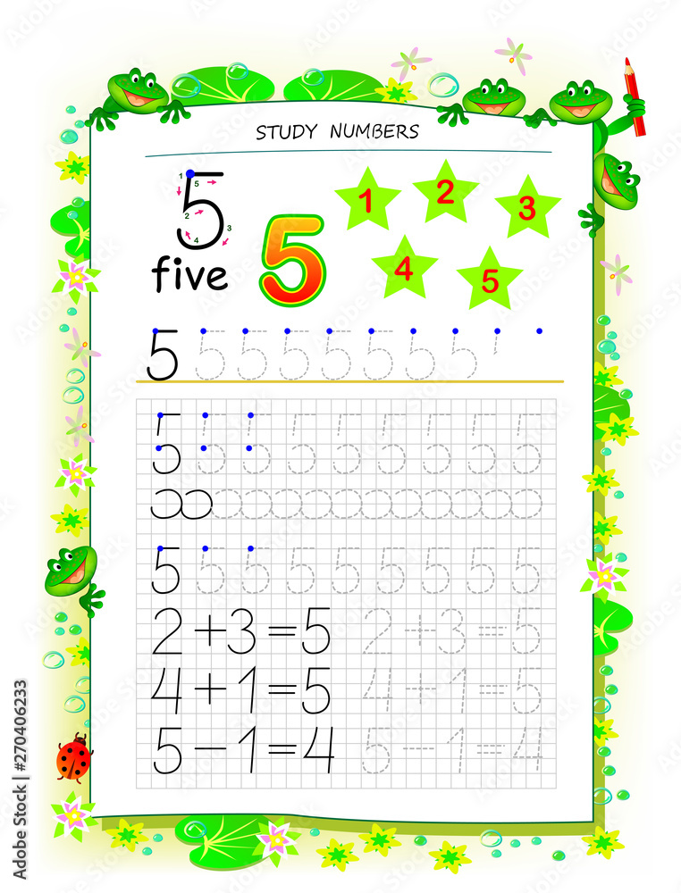 Educational page on square paper for kids with number 5. Printable ...