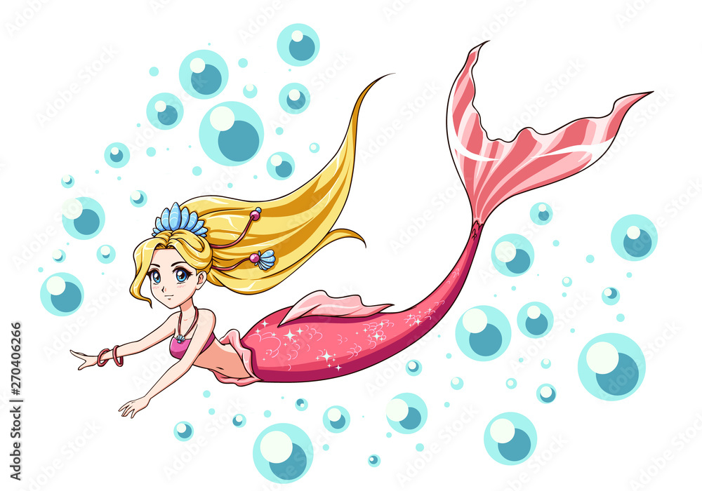 Cute swimming mermaid vector design. Anime girl with blonde hair and ...