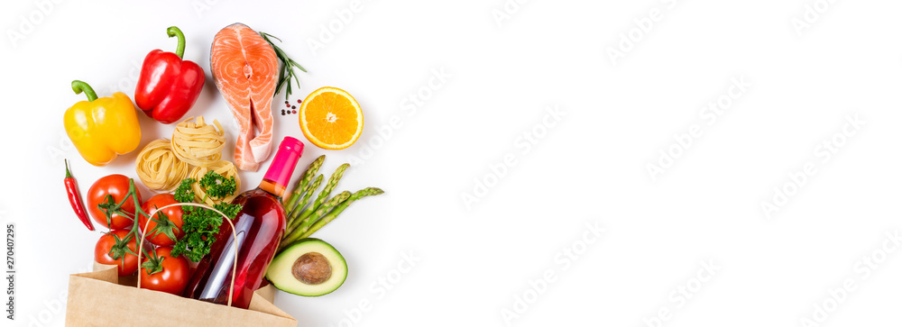 Healthy food background. Healthy food in paper bag fish, pasta ...