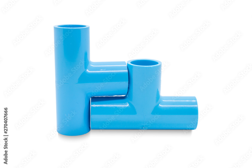 Blue pvc plastic pipe T-joint fitting connect 3 pipe isolated white ...