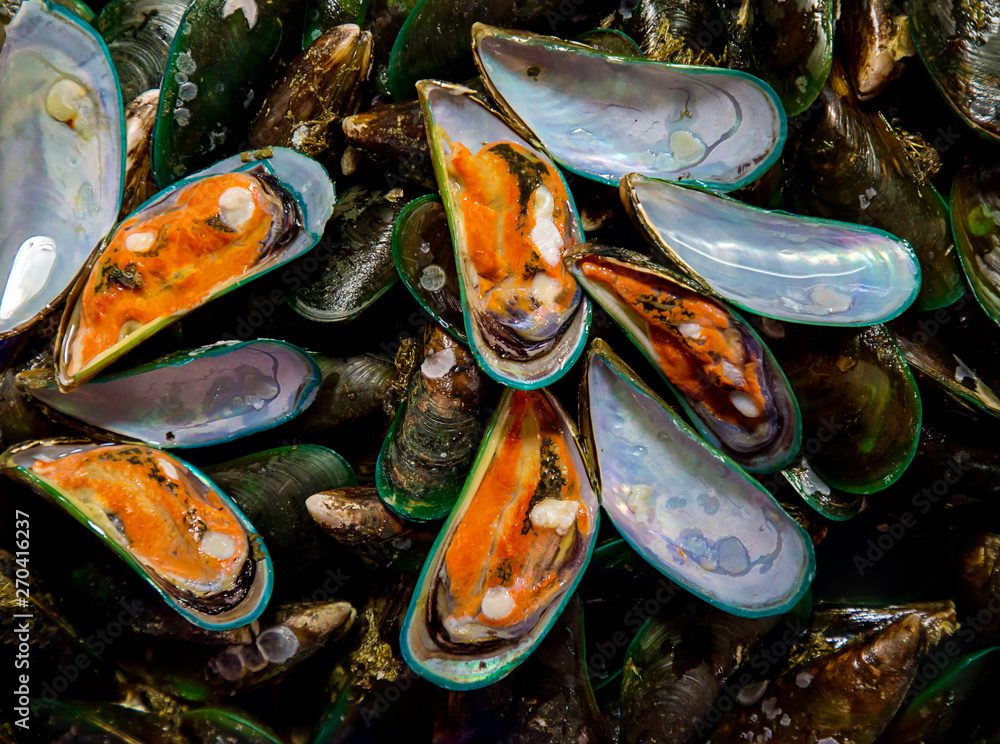 Raw Mussel shell in market,Fresh seafood in Thailand. pile green mussel ...