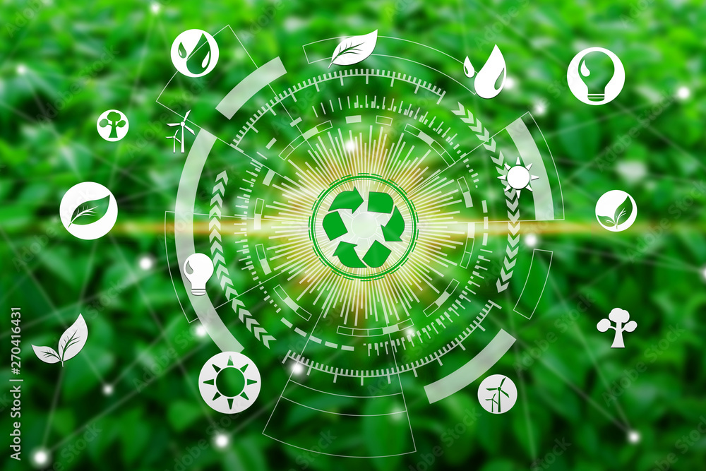environment icons over the Network connection on nature background ...