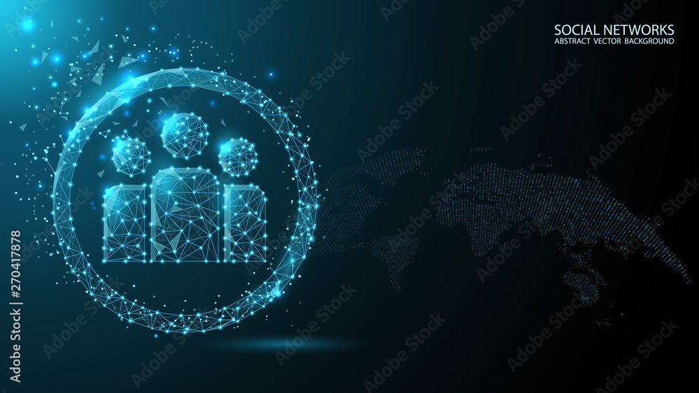 Vector group people chat icon. Map of the world communication network ...