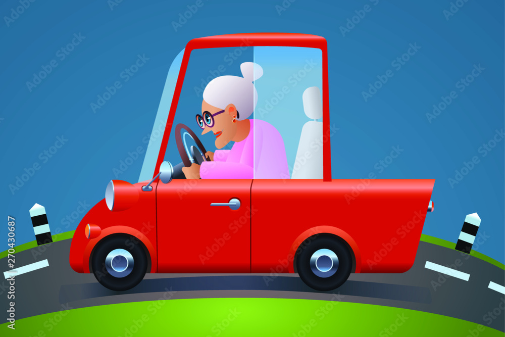Old woman drive a red car alone cartoon character illustration. Stock ...