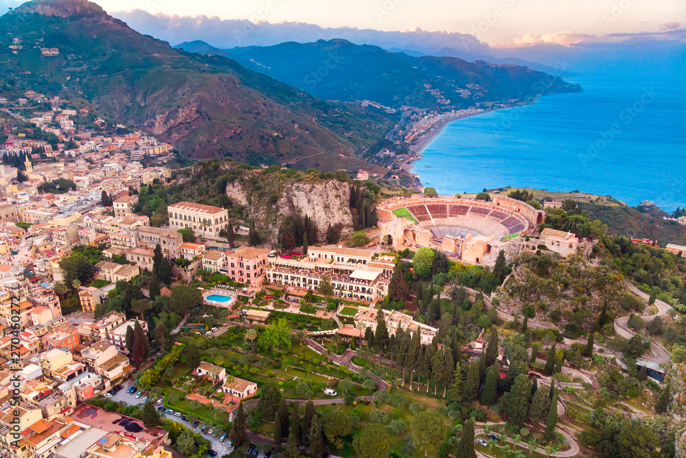 Taormina landscape and ruins of theater, Sicily Italy sunset, volcano ...