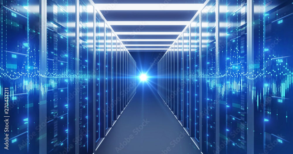Corridor of server room with server racks in datacenter. 3d ...