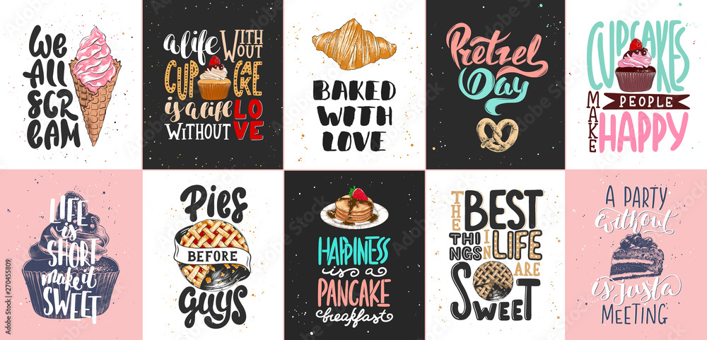 Set of bakery and sweet food lettering posters, greeting cards ...