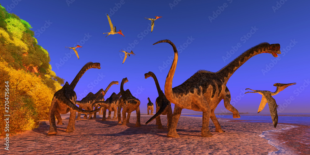 Poster Europasaurus Dinosaur Beach - A Pterodactylus reptile flies too ...