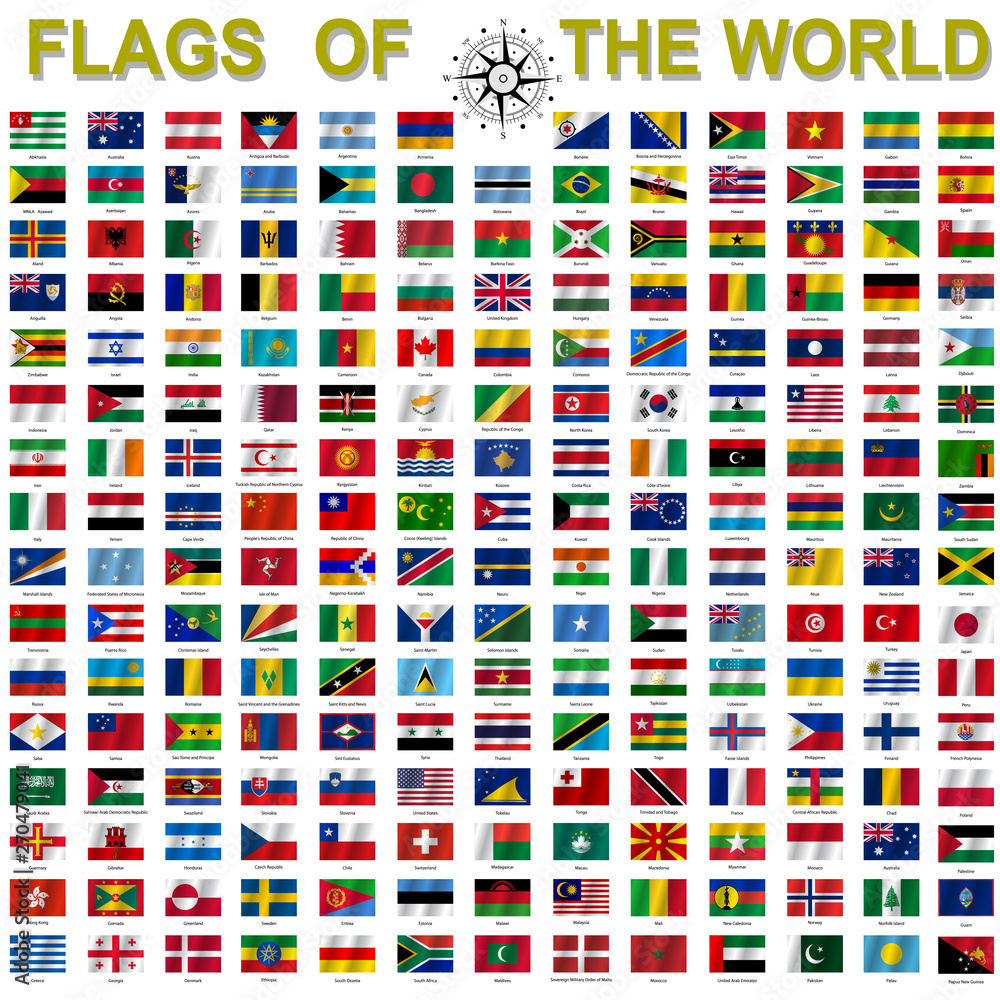 Set of Flags of world sovereign states signed by the countries names ...