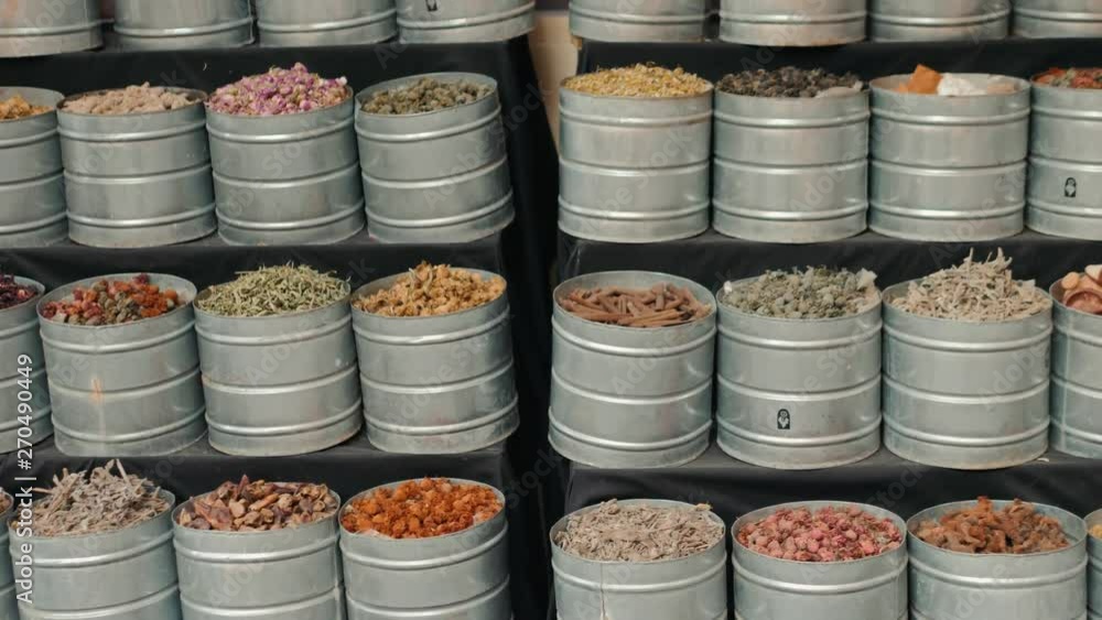 Selection of different arabian spices cosmetics on a traditional ...