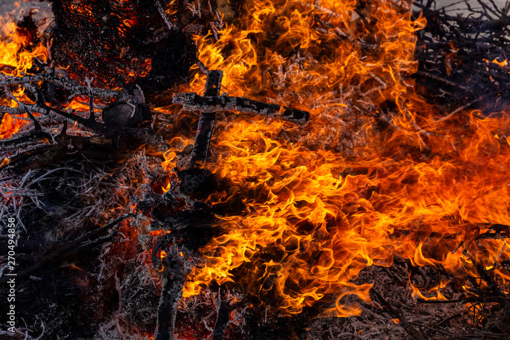 Flaming fire. Burning tree branches. Pagan rite dedicated to the ...