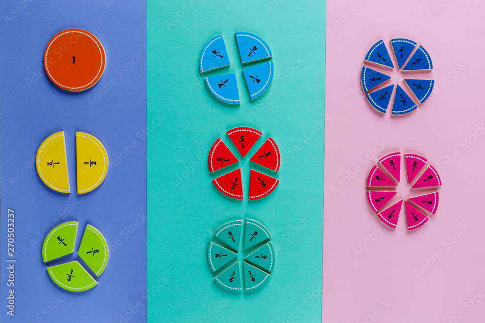 Colorful math fractions on the pink blue violet bright backgrounds ...