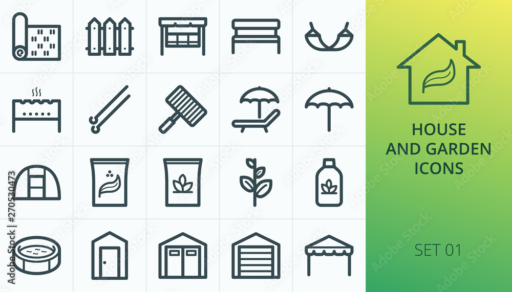House and garden icons set. Set of garden lawn grass roll, wooden fence ...