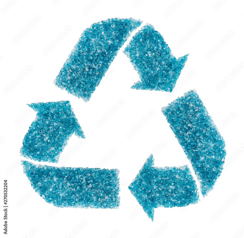 Recycling sign composed of broken turquoise glass fragments isolated on ...