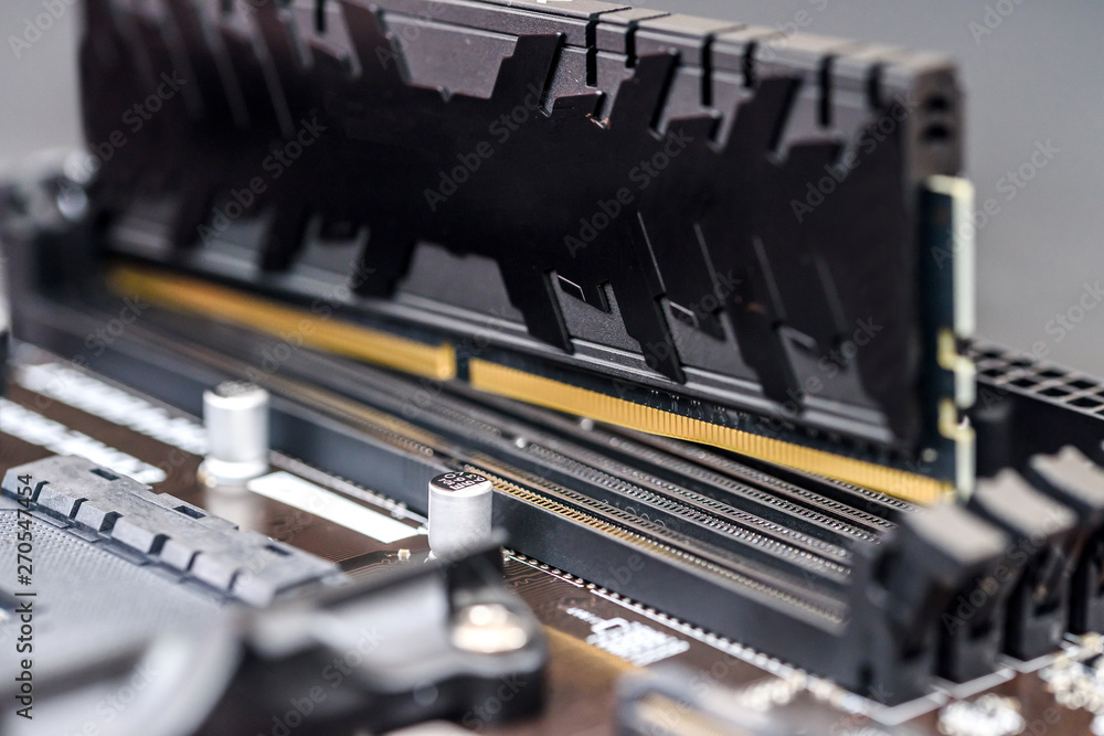 Motherboard of pc with ddr plank close up Stock Photo | Adobe Stock