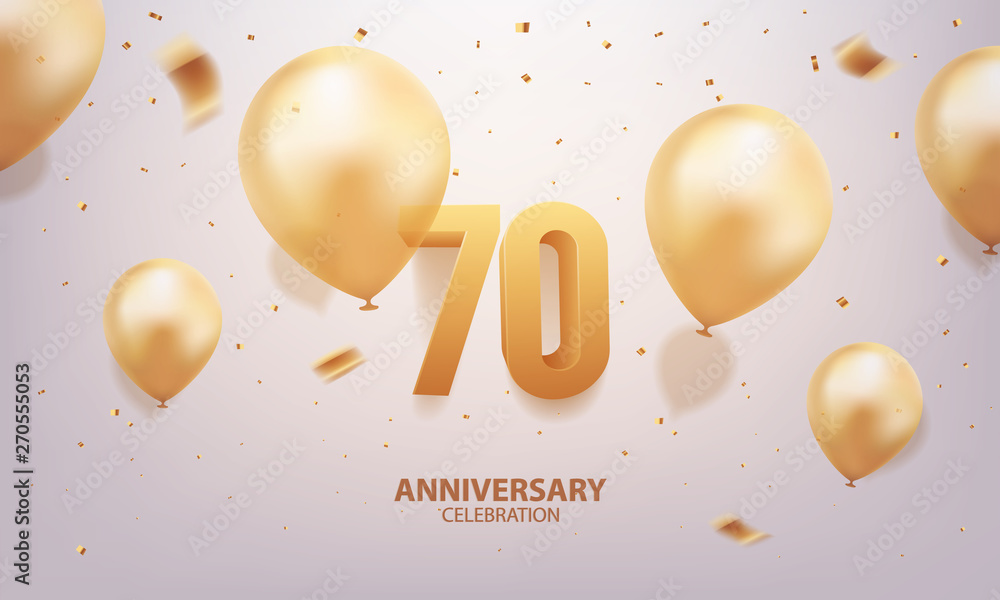 70th Anniversary celebration. 3D Golden numbers with confetti and ...