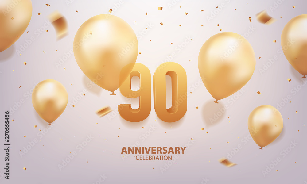 90th Anniversary celebration. 3D Golden numbers with confetti and ...