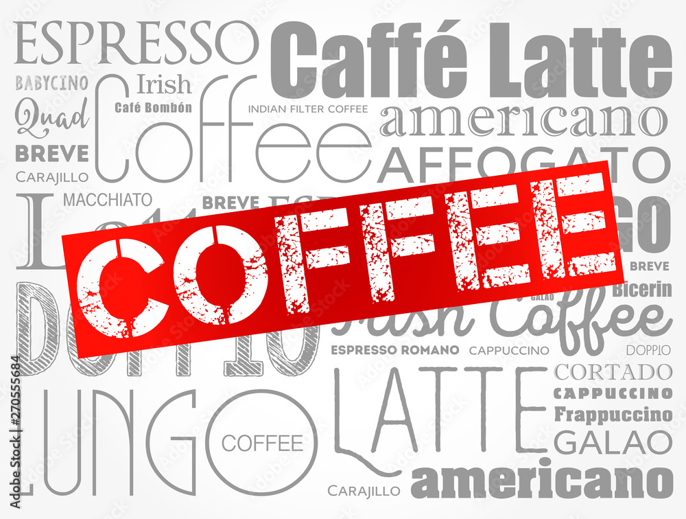 List of coffee drinks words cloud collage, poster background Stock ...