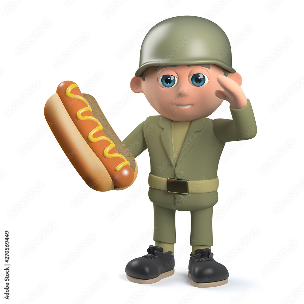 Hungry cartoon army soldier character in 3d holding a hotdog and ...